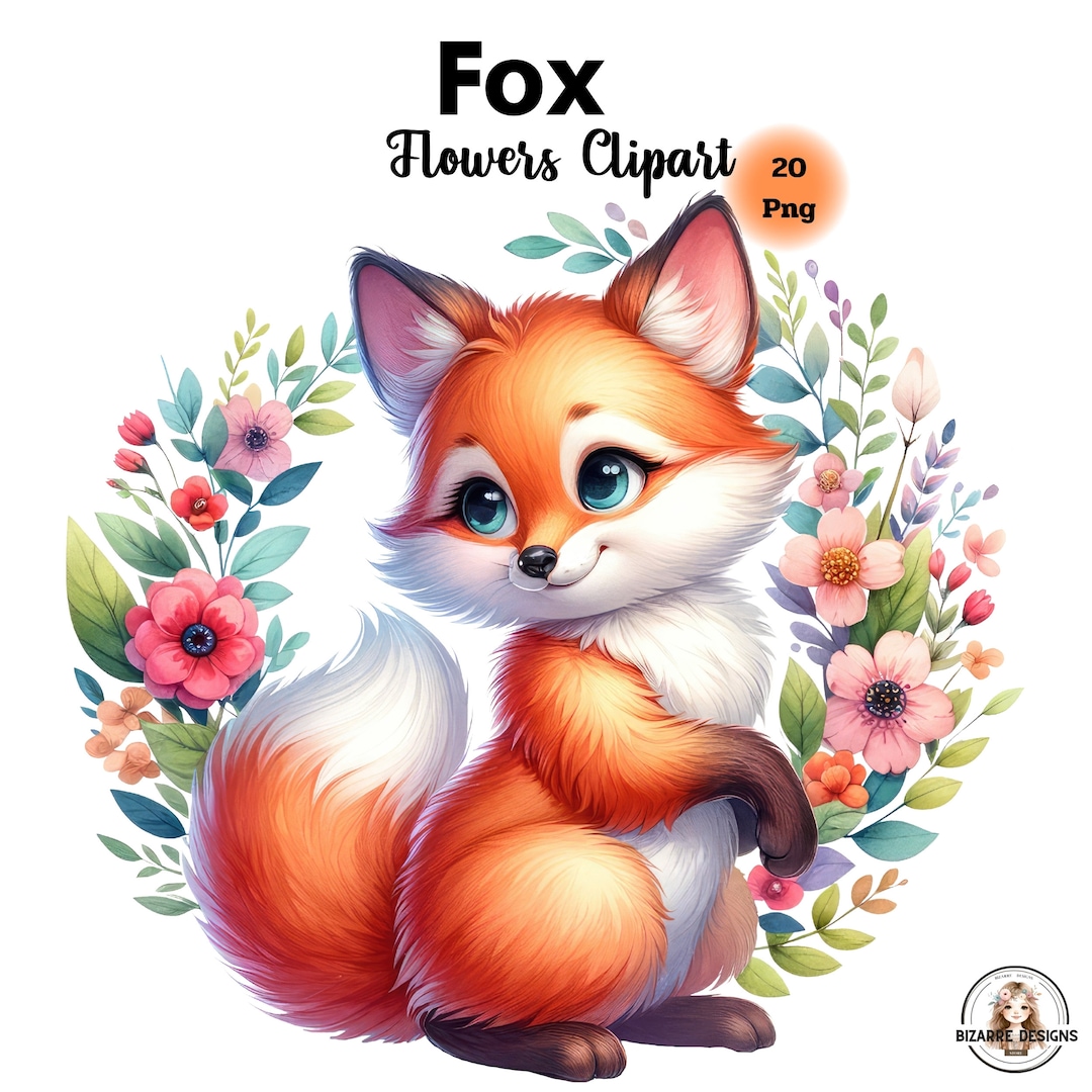 Fox Flowers Clipart, Cute Animals Baby Art, Spring Fox Png Graphics ...