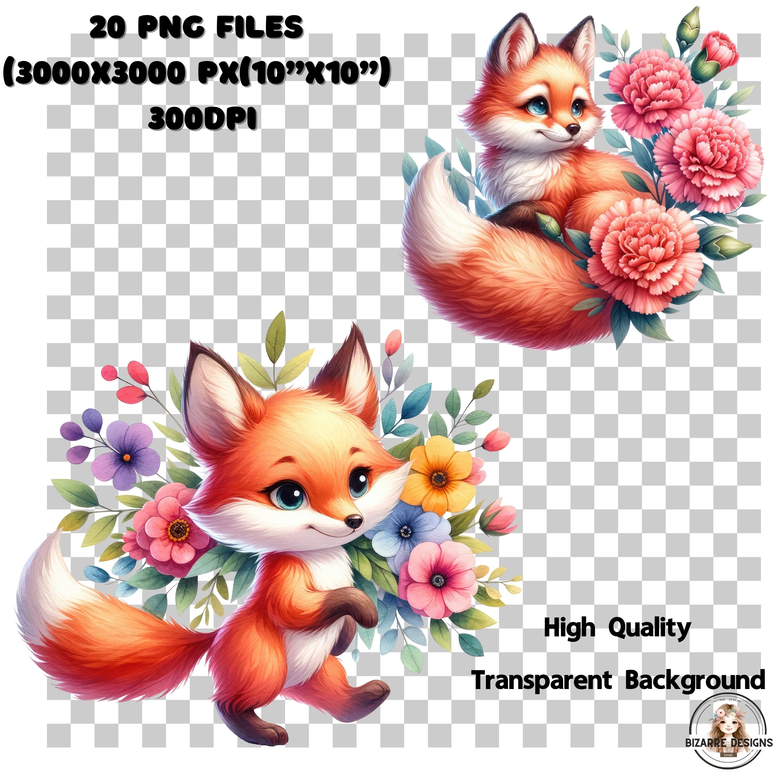 Fox Flowers Clipart, Cute Animals Baby Art, Spring Fox Png Graphics ...