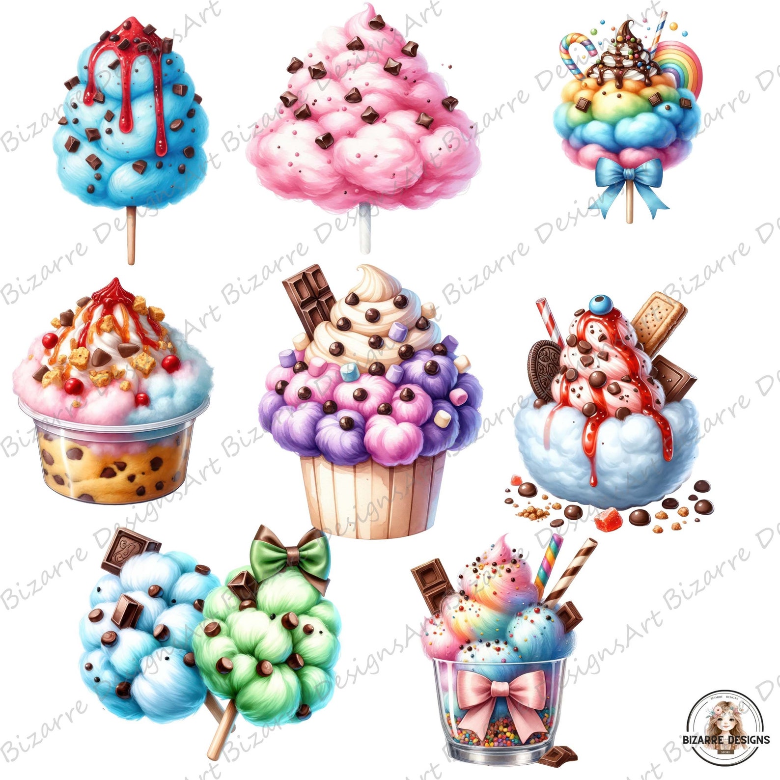 Cotton Candy Clipart, Sweets Clipart, Watercolor Cotton Candy, Cakes ...