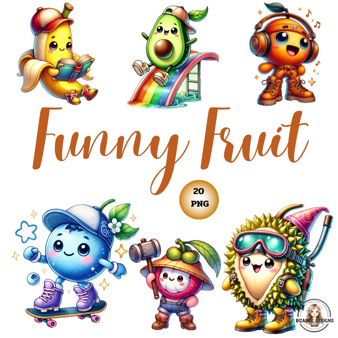 Funny Fruit Clipart, Fruit Graphics, Summer Clipart Bundle, Summer ...