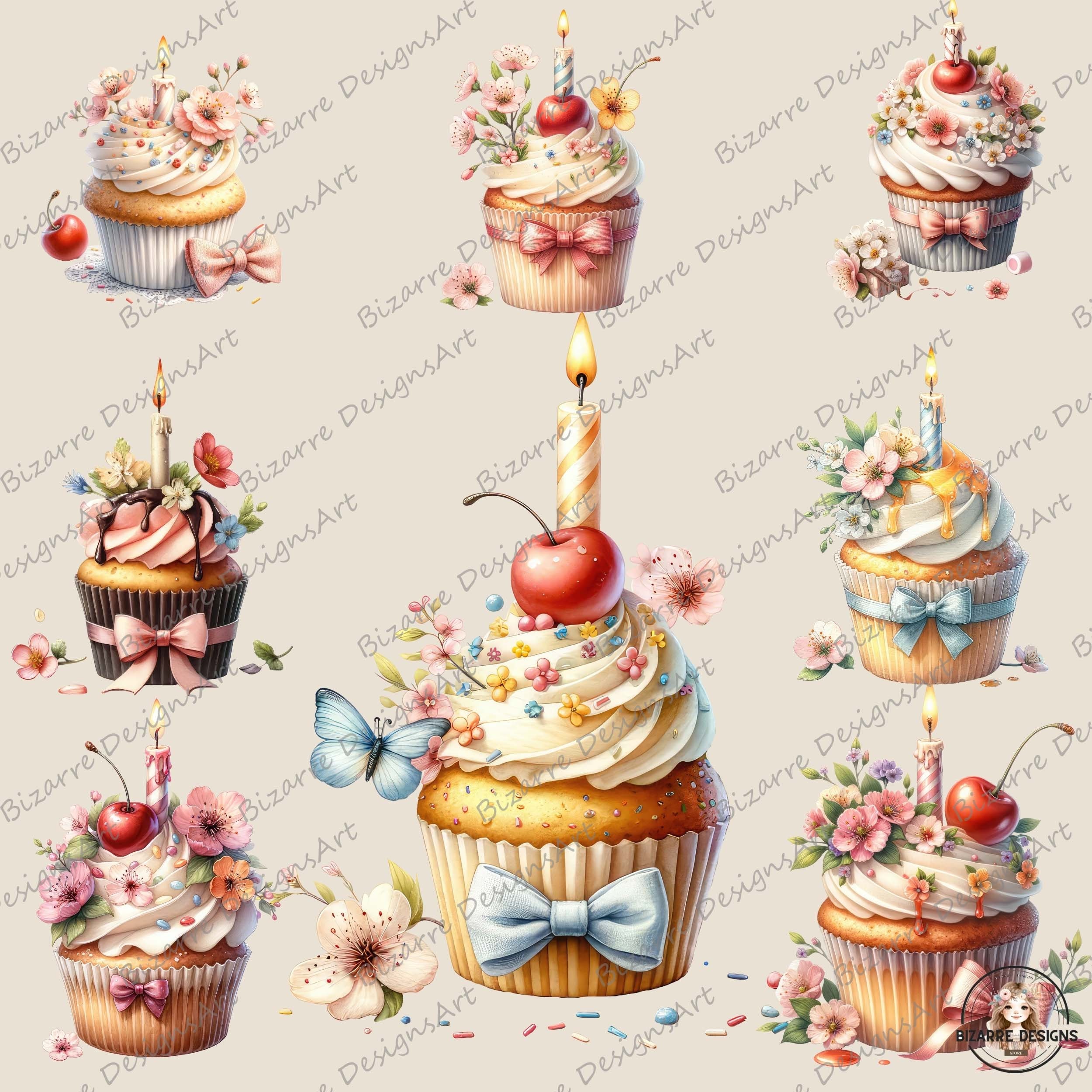 Birthday Cupcake Clipart Bundle,spring Flowers Cupcake,20 High Quality ...