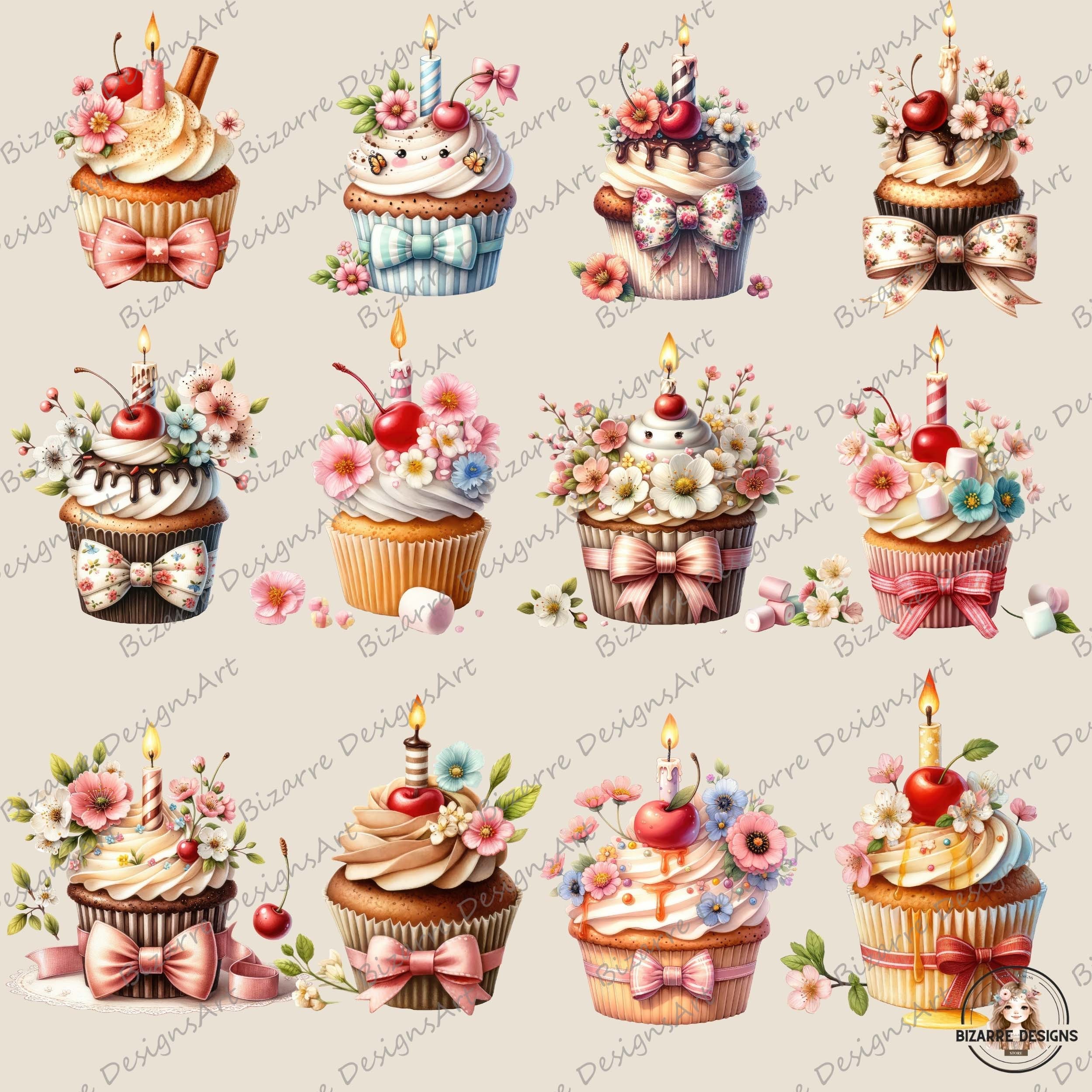 Birthday Cupcake Clipart Bundle,spring Flowers Cupcake,20 High Quality ...
