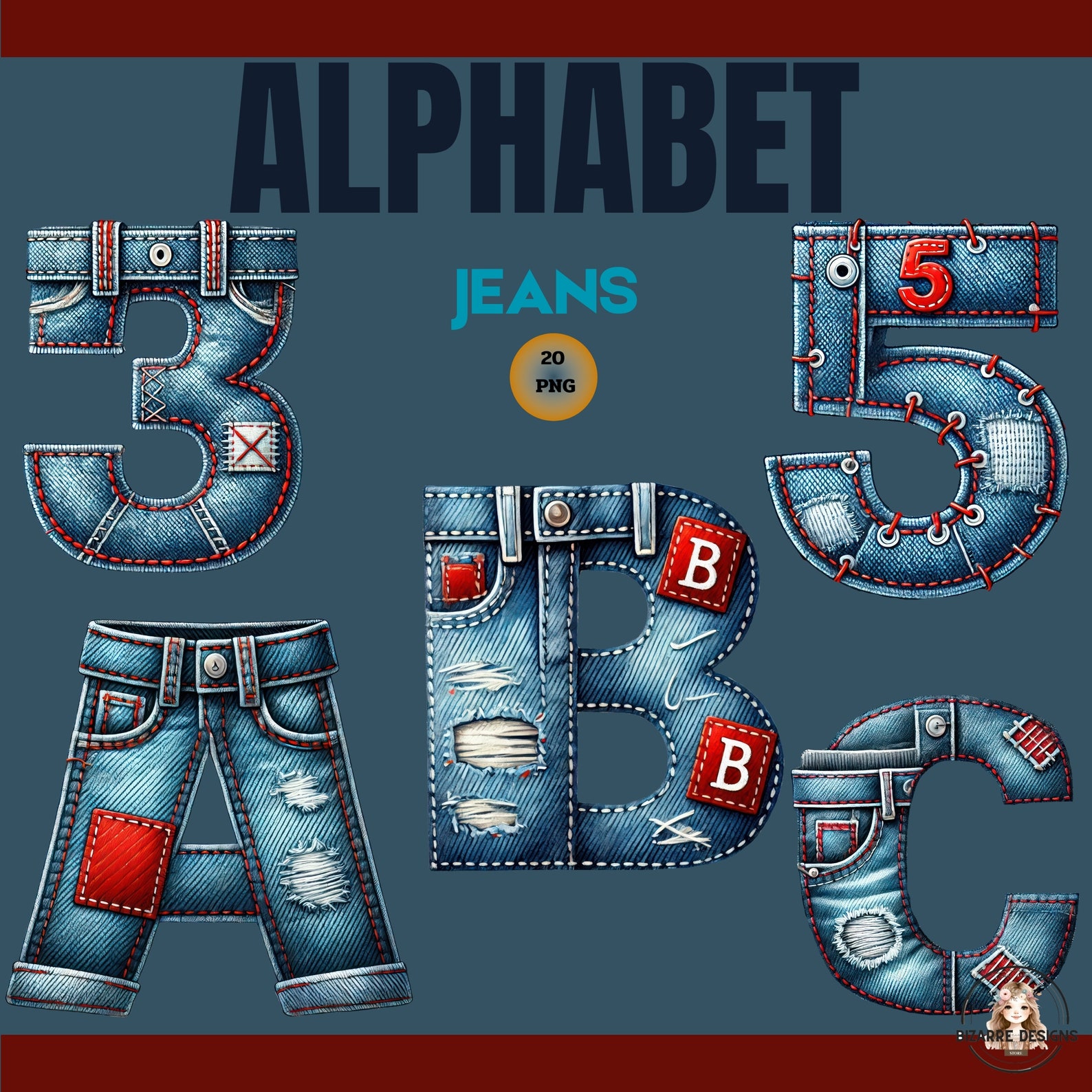 Denim Alphabet Clipart, Watercolor Denim Clipart, Denim Jeans Alphabet ...