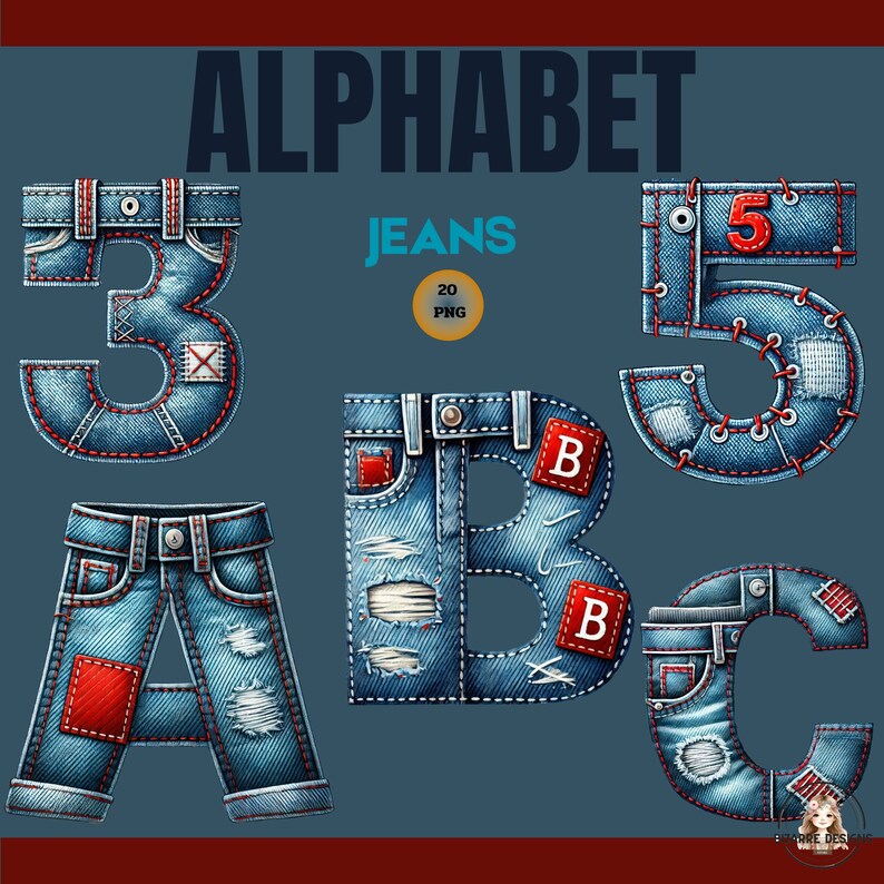Denim Alphabet Clipart, Watercolor Denim Clipart, Denim Jeans Alphabet ...