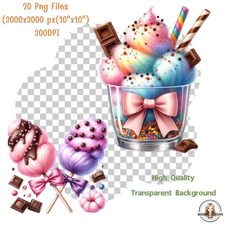 Cotton Candy Clipart, Sweets Clipart, Watercolor Cotton Candy, Cakes ...