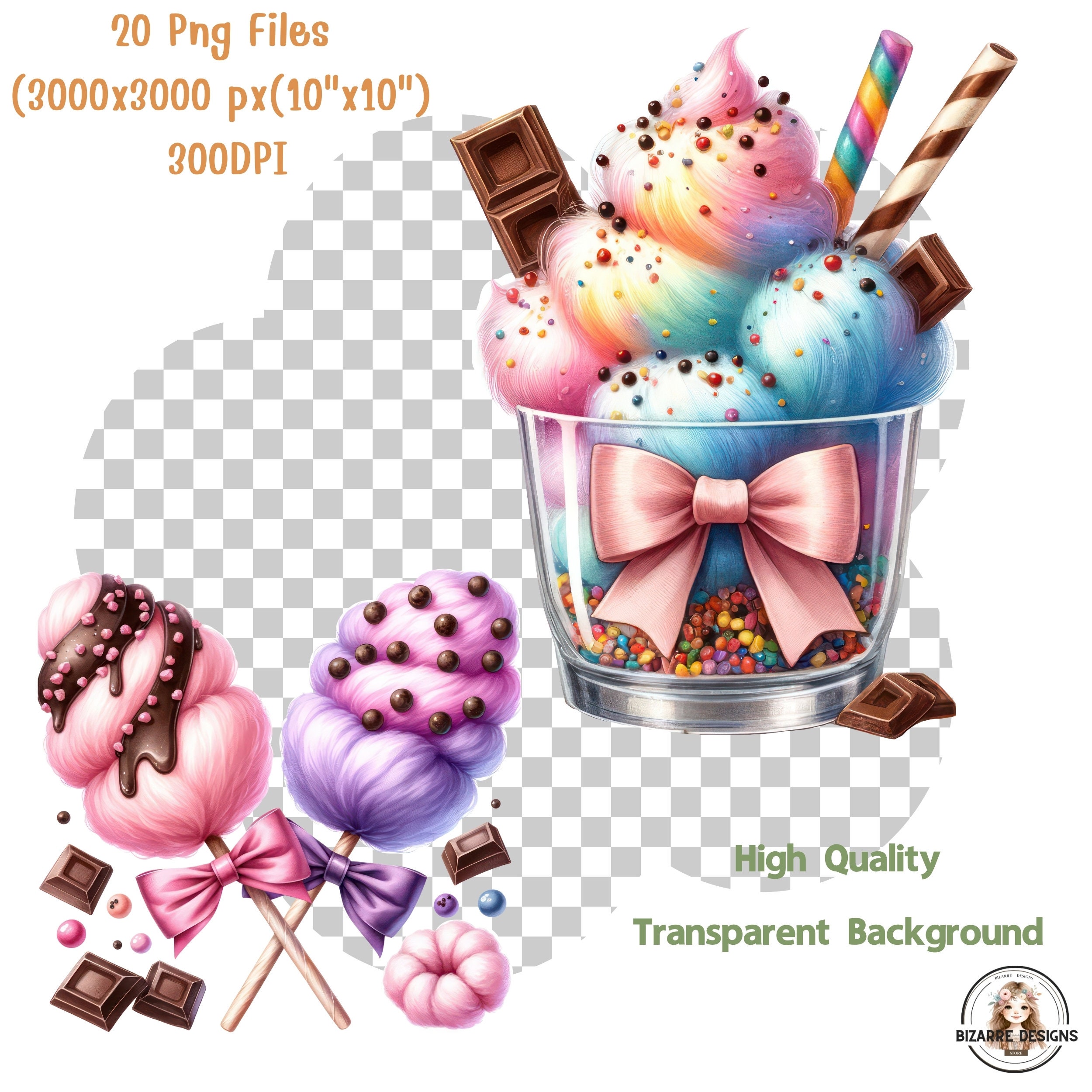 Cotton Candy Clipart, Sweets Clipart, Watercolor Cotton Candy, Cakes ...
