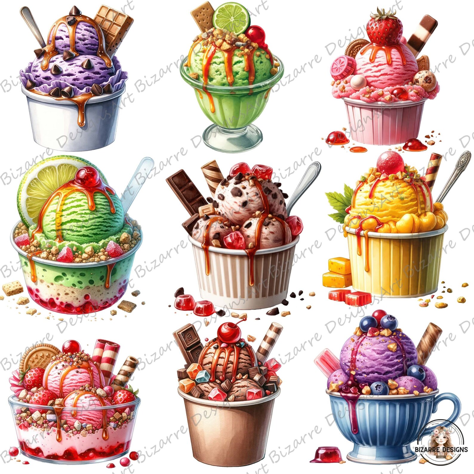 Ice Cream Summer Clipart, Ice Cream Watercolor Clipart, Sweets Clipart ...