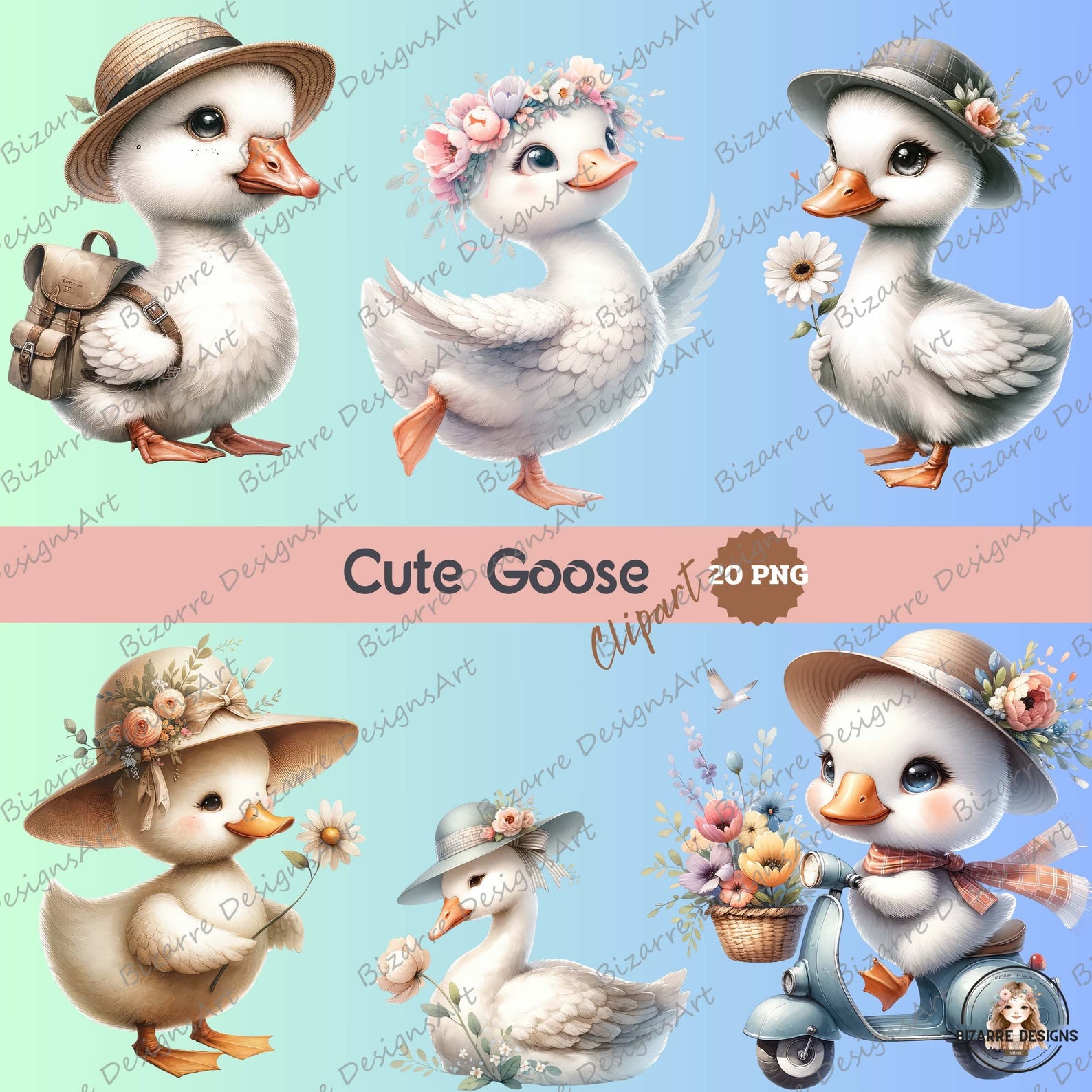 Watercolor Cute Goose Clipart, Animal Clipart, 20 Goose PNG, Clipart ...