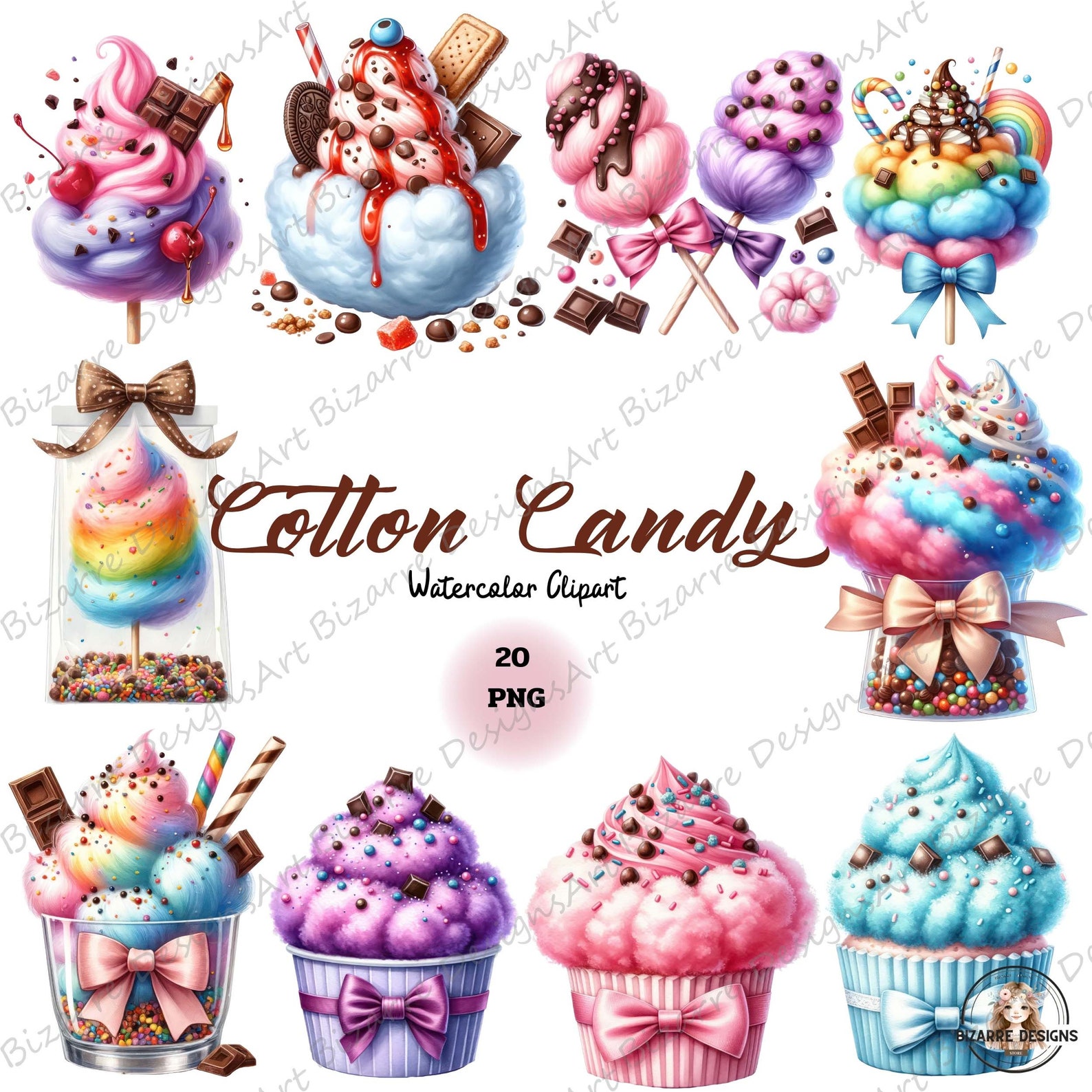 Cotton Candy Clipart, Sweets Clipart, Watercolor Cotton Candy, Cakes ...