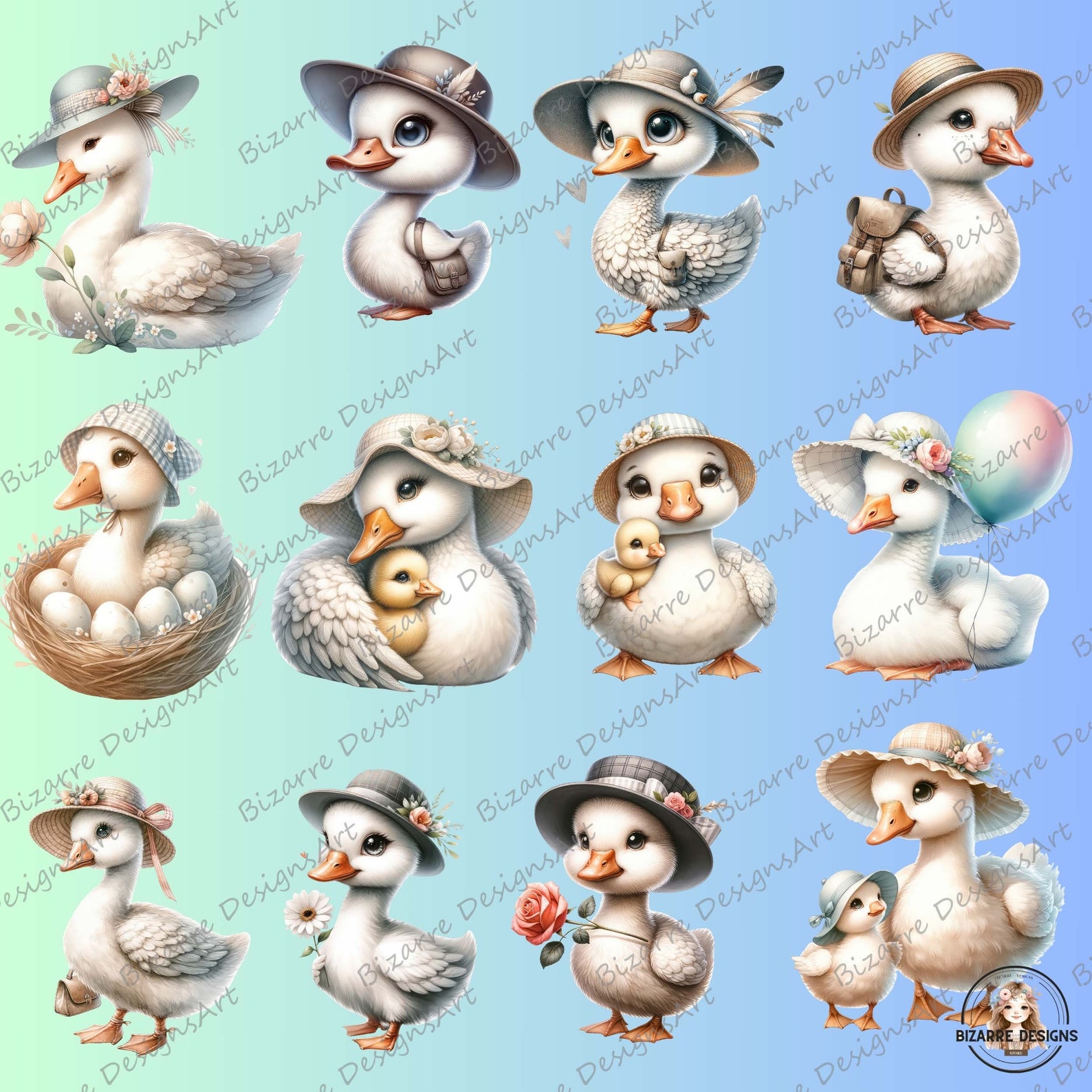 Watercolor Cute Goose Clipart, Animal Clipart, 20 Goose PNG, Clipart ...