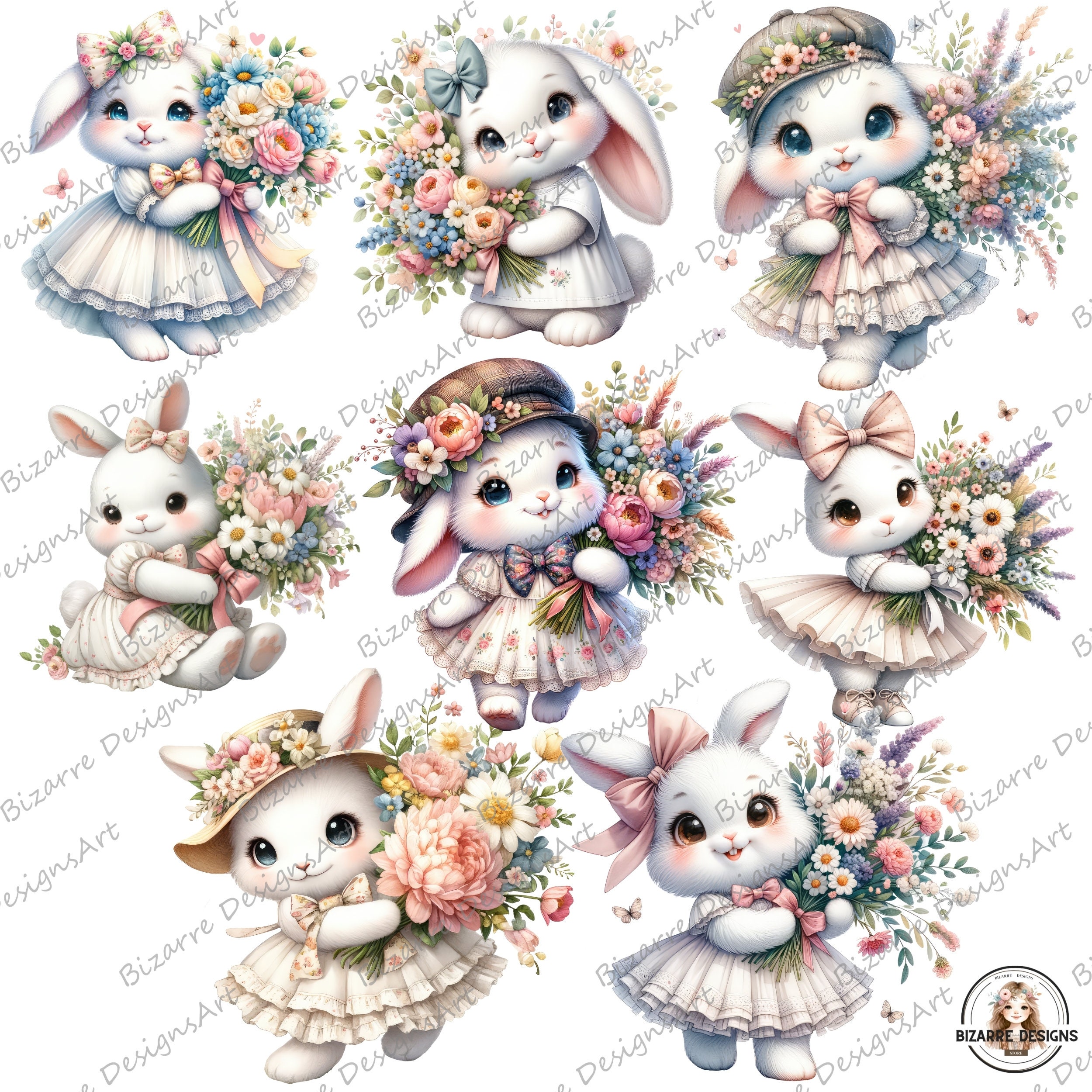 Floral Bunny Clipart, Bunnies With Flower Clipart PNG, Rabbit Flower ...