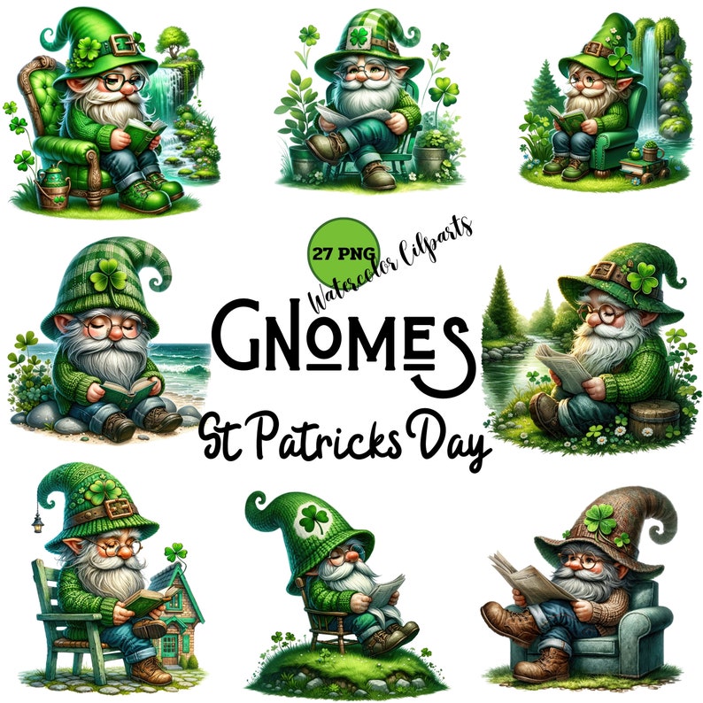 St. Patrick's Day Gnome Clipart, Gnome Clipart Bundle,watercolor Nature ...