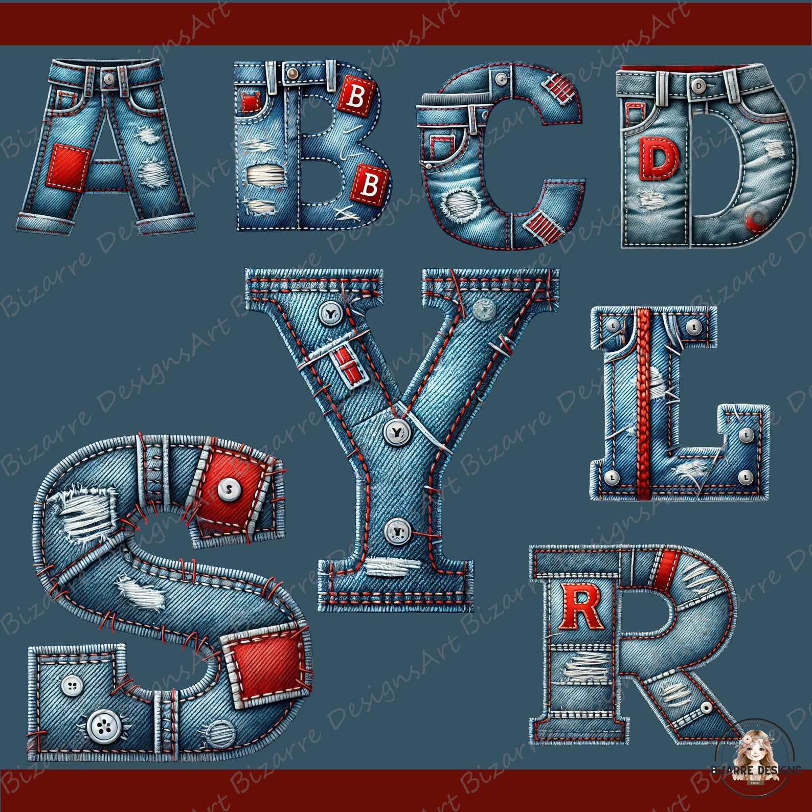 Denim Alphabet Clipart, Watercolor Denim Clipart, Denim Jeans Alphabet ...