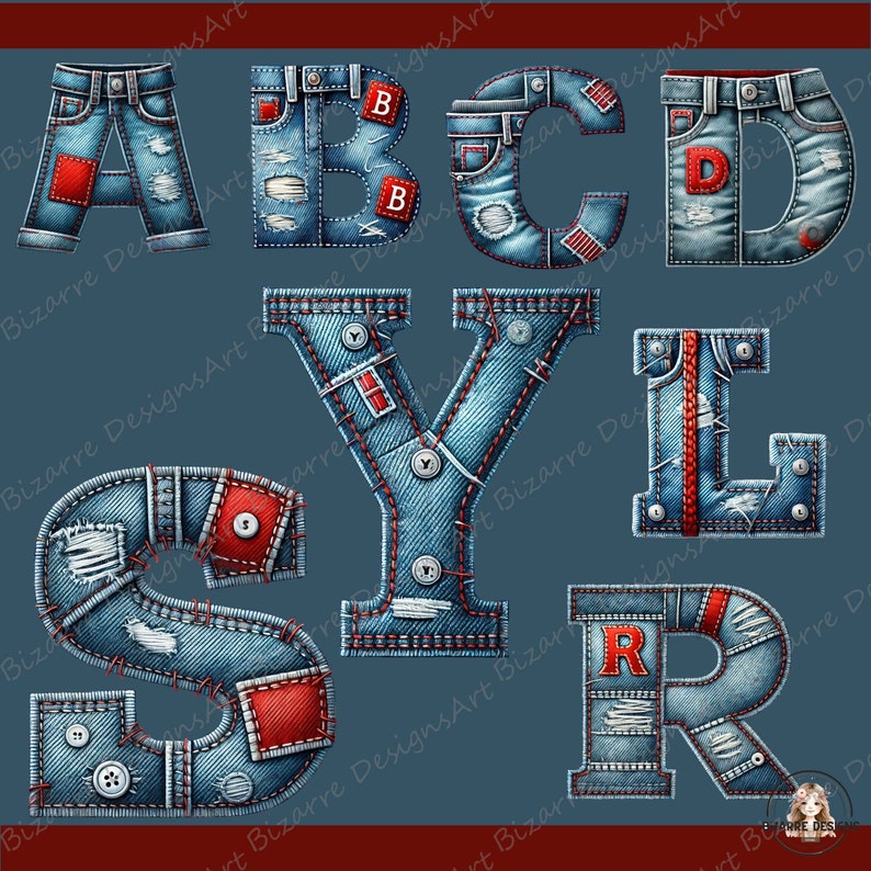 Denim Alphabet Clipart, Watercolor Denim Clipart, Denim Jeans Alphabet ...