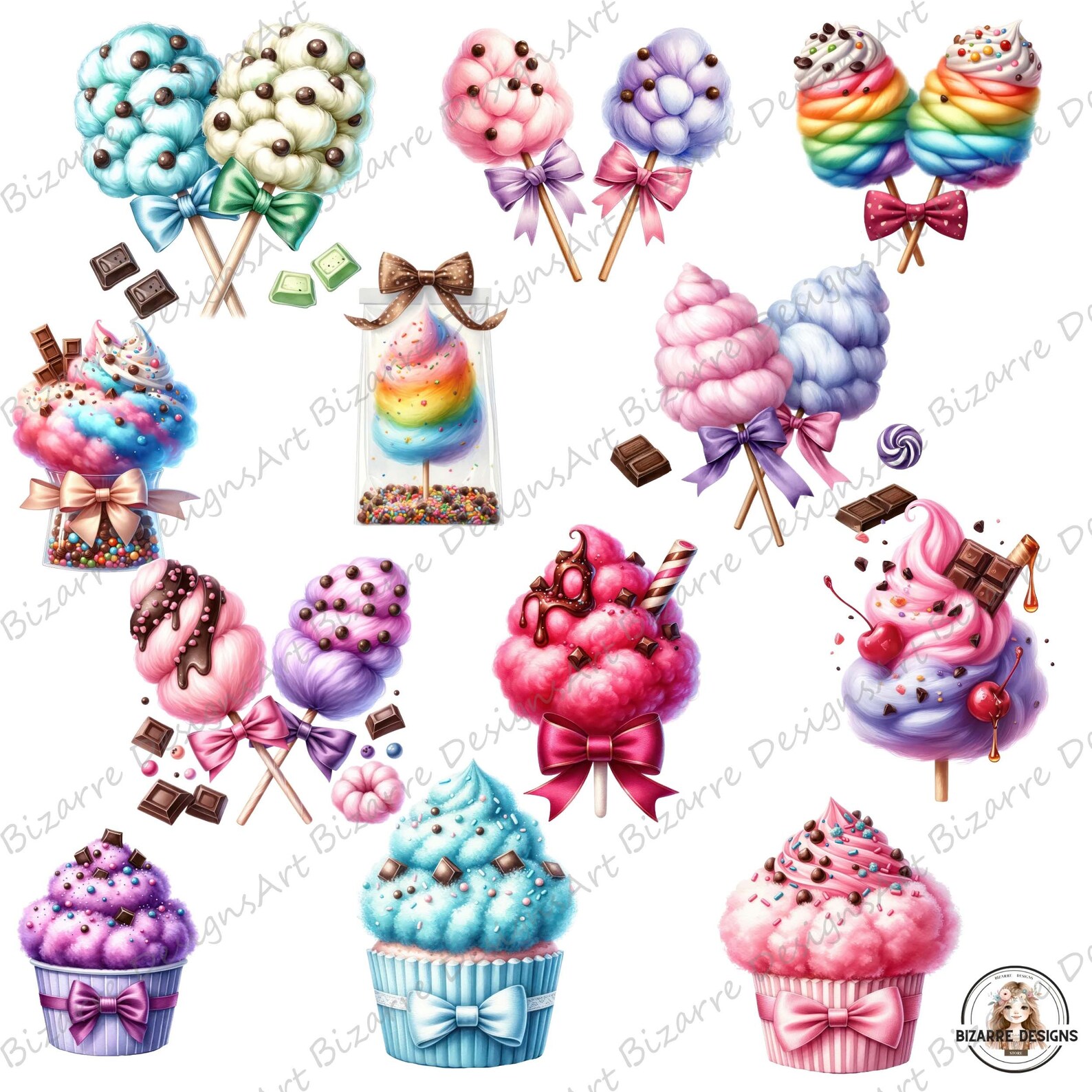 Cotton Candy Clipart, Sweets Clipart, Watercolor Cotton Candy, Cakes ...