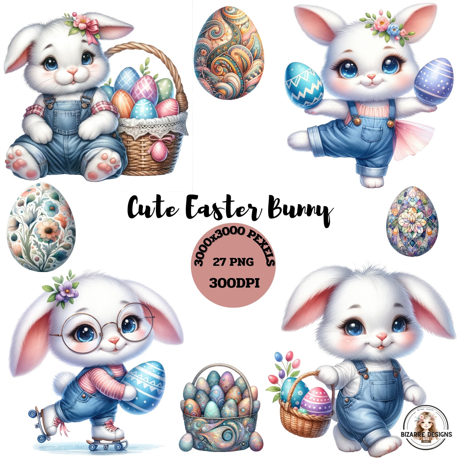 Cute Easter Bunny Clipart,watercolor Easter Bunnies Collection Clipart ...