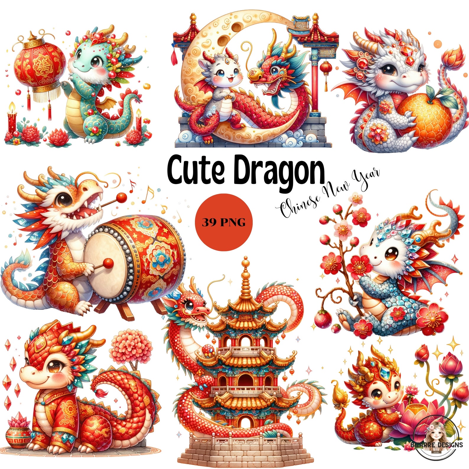 Cute Dragon Crystal Clipart, Chinese New Year Watercolor Clipart, Lion ...