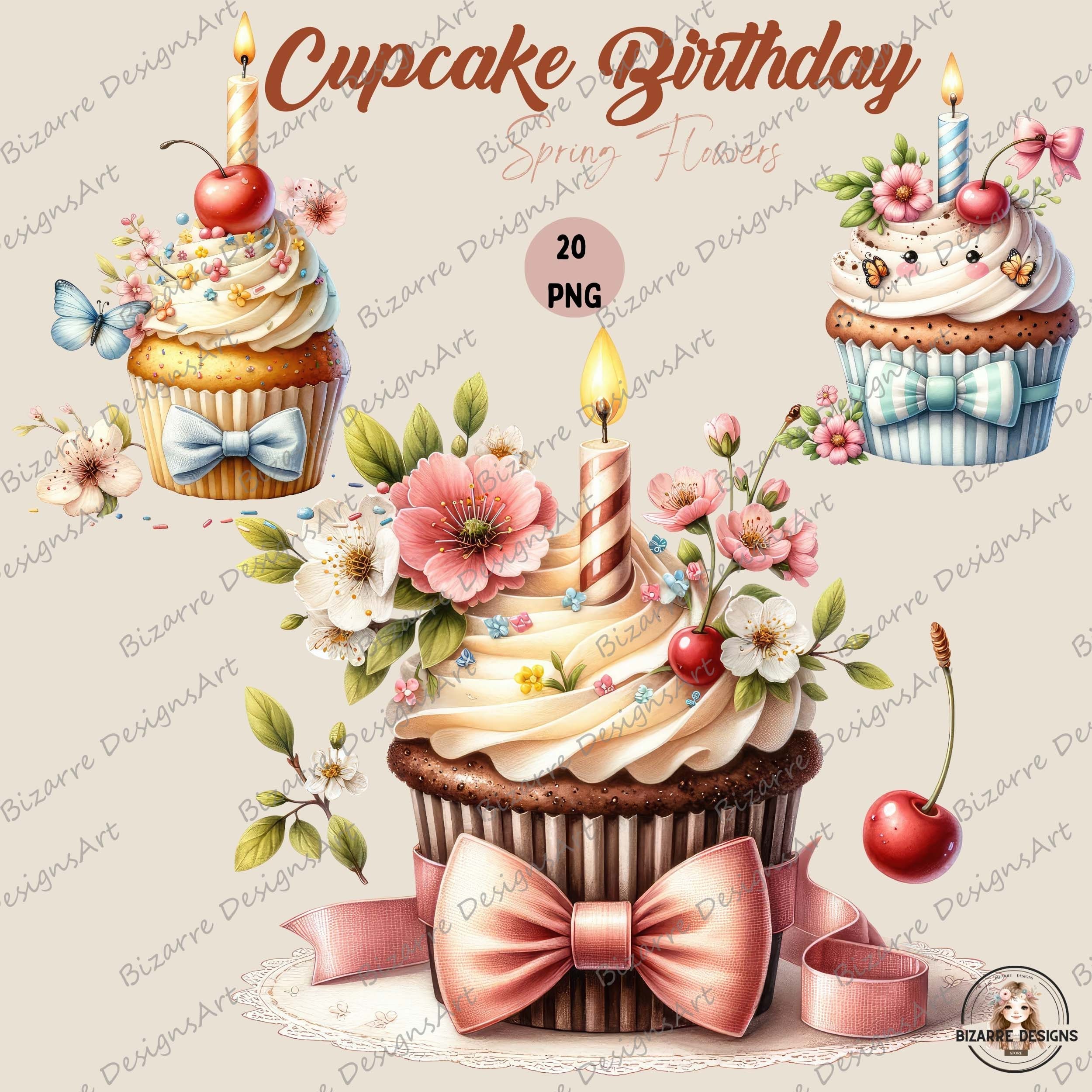 Birthday Cupcake Clipart Bundle,spring Flowers Cupcake,20 High Quality ...