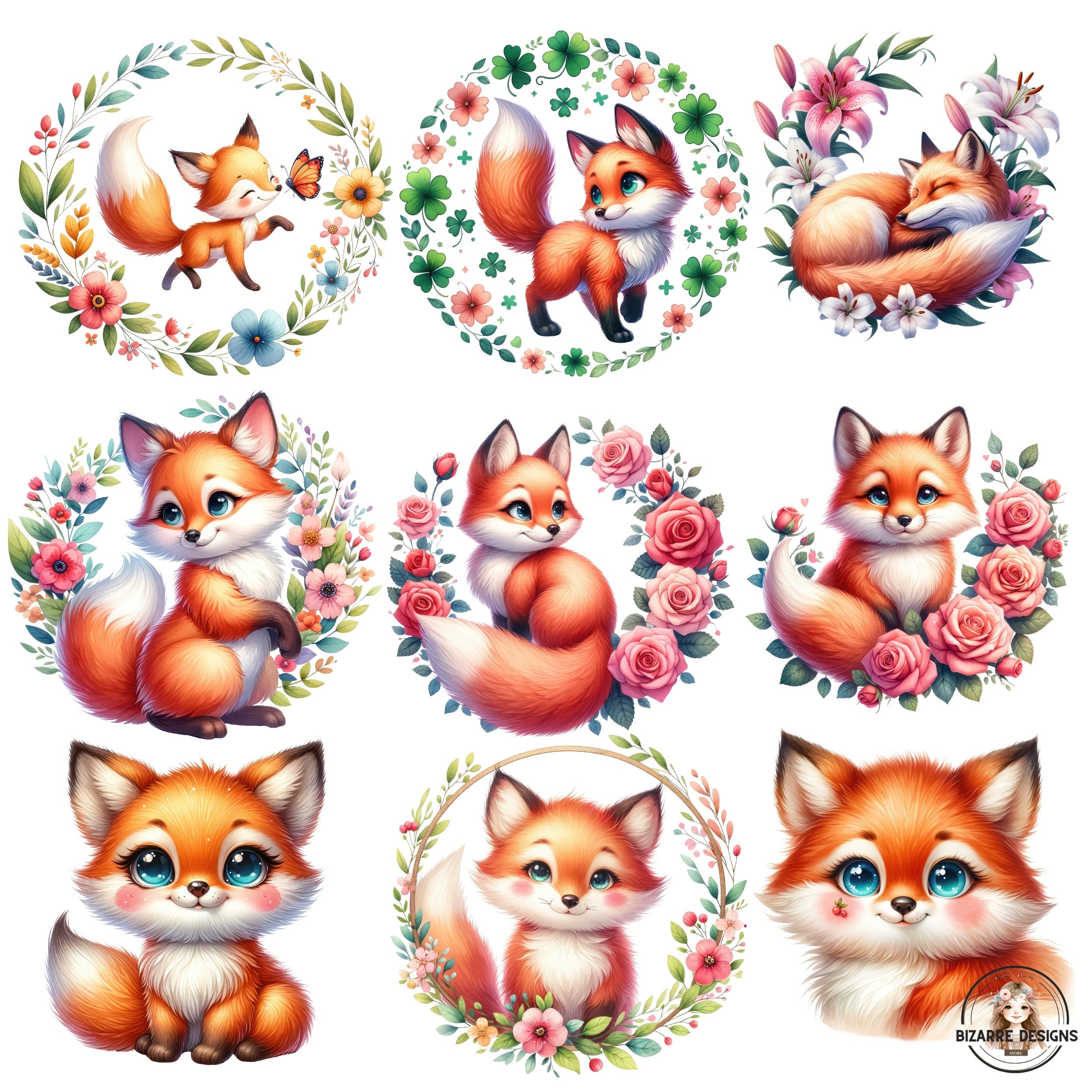 Fox Flowers Clipart, Cute Animals Baby Art, Spring Fox Png Graphics ...