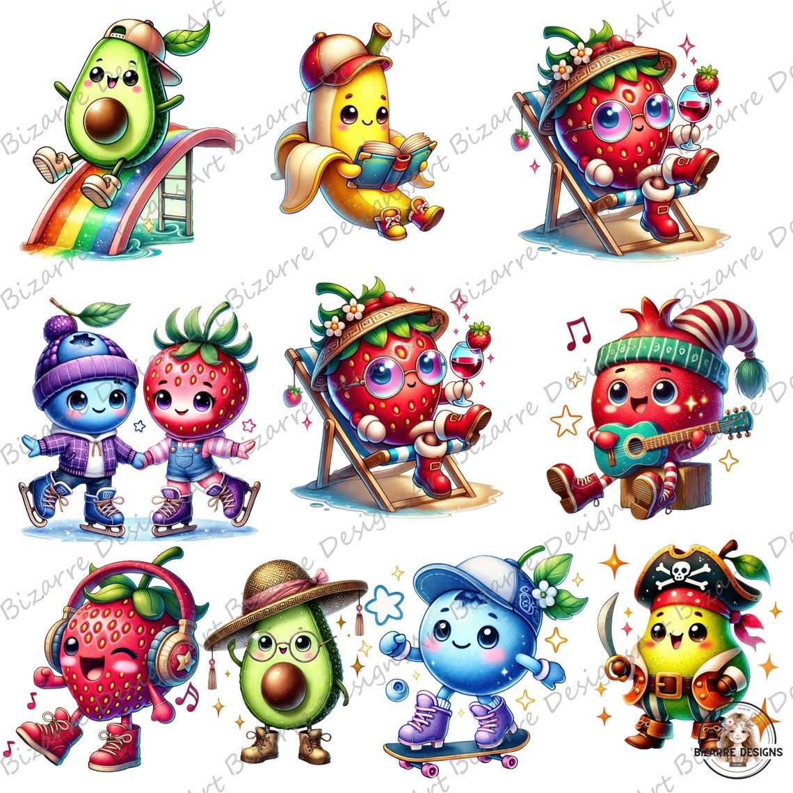 Funny Fruit Clipart, Fruit Graphics, Summer Clipart Bundle, Summer ...