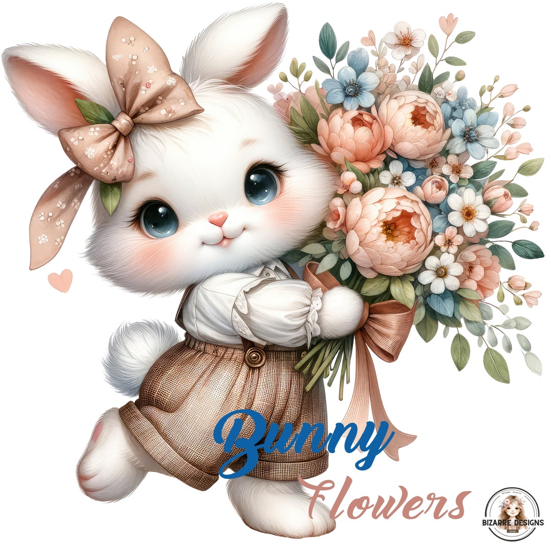 Floral Bunny Clipart, Bunnies With Flower Clipart PNG, Rabbit Flower ...
