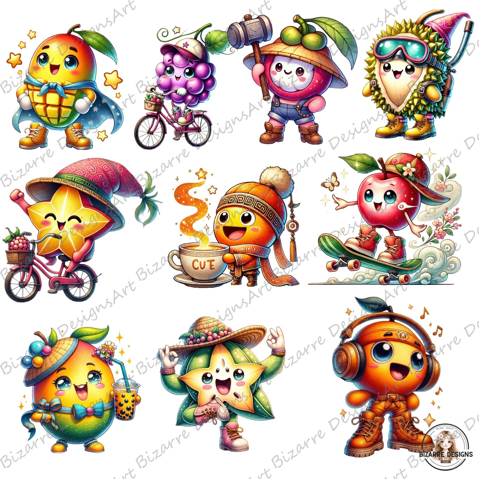 Funny Fruit Clipart, Fruit Graphics, Summer Clipart Bundle, Summer ...