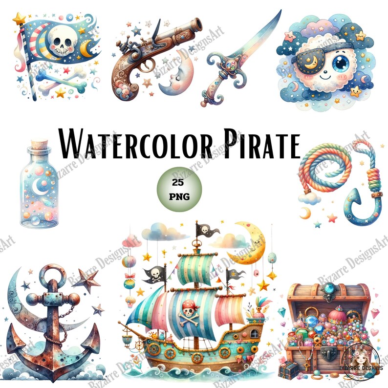 Watercolor Pirates Clipart, Cute Pirate Clip Art, Pirate Ship, Pirate ...