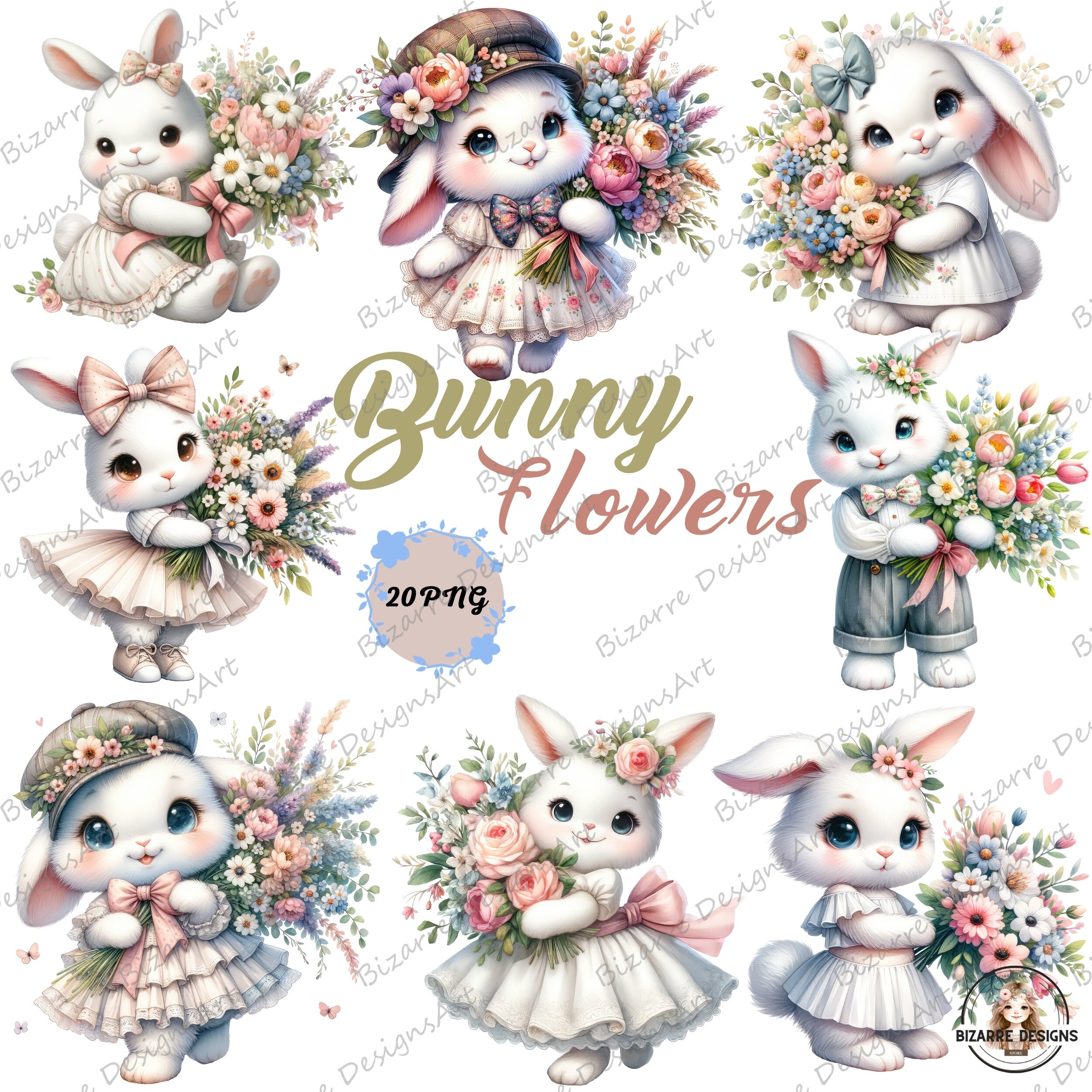Floral Bunny Clipart, Bunnies With Flower Clipart PNG, Rabbit Flower ...
