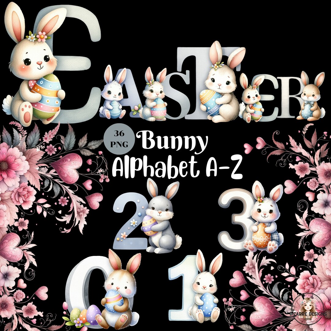 Easter Bunny Alphabet A-Z Number 0-9 Bundle Clipart, Printable Alphabet ...