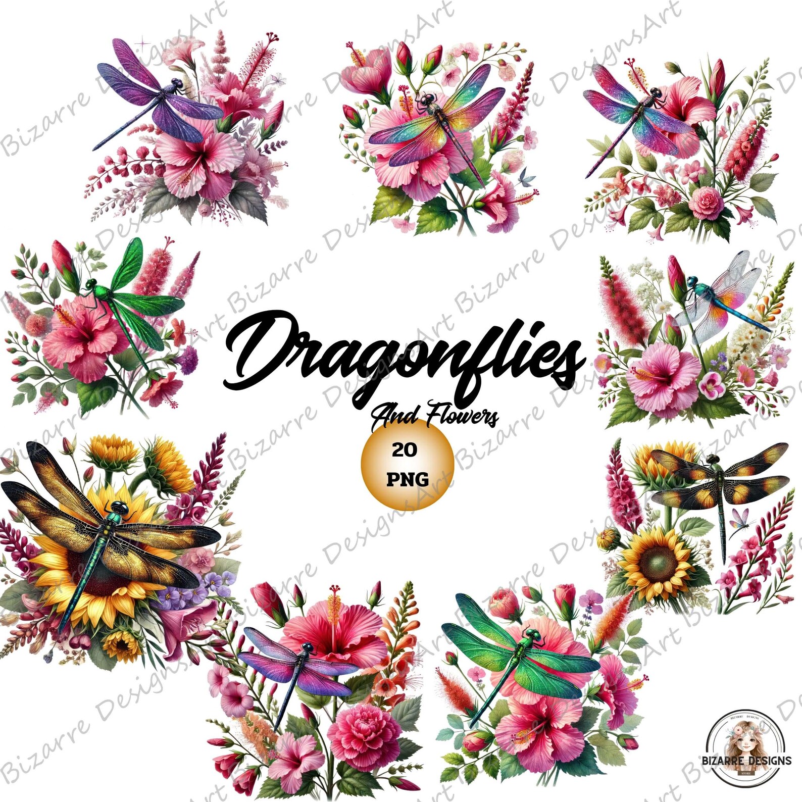 Floral Dragonflies Clipart, Digital Dragonflies for DIY Invitations ...
