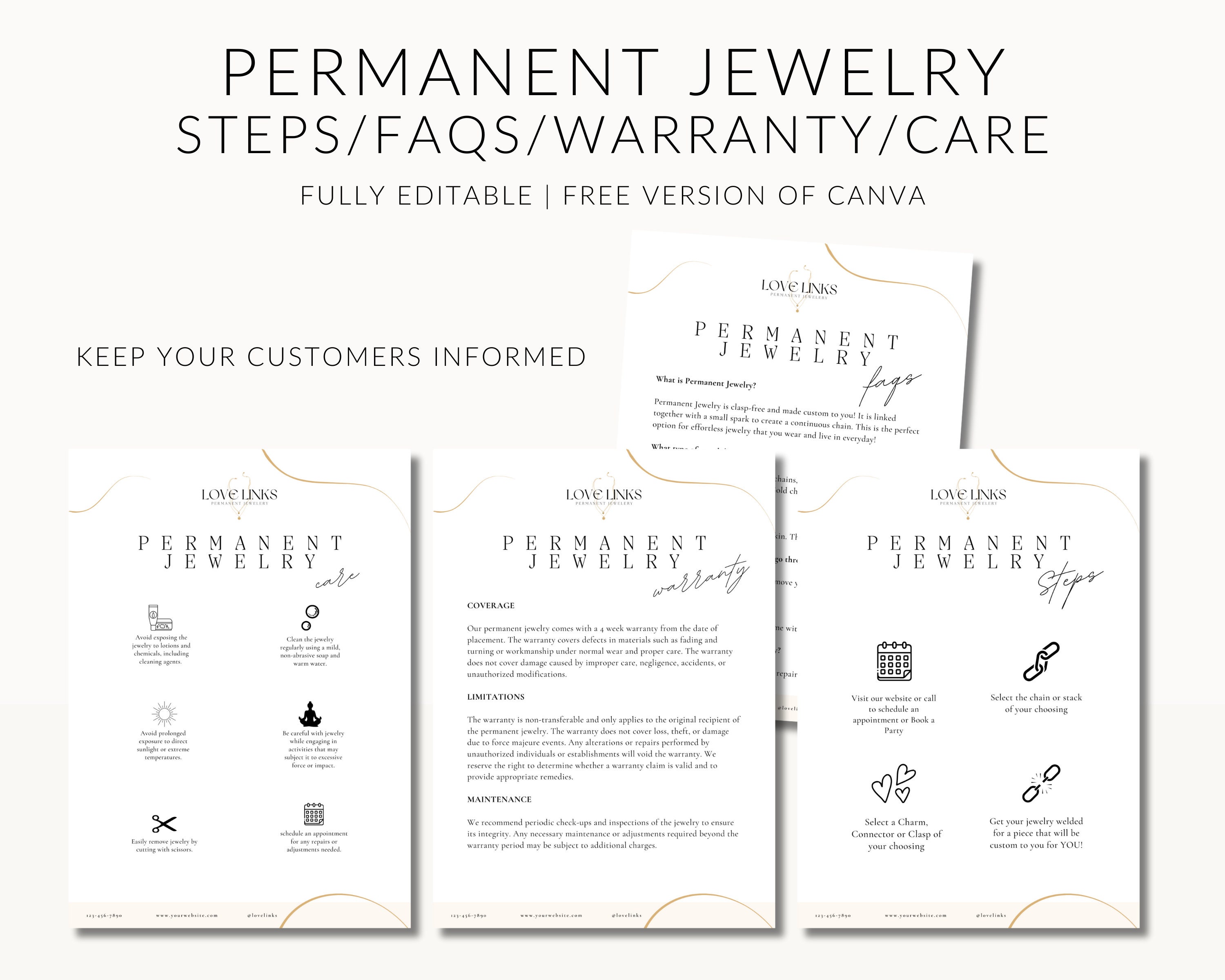 Permanent Jewelry Customer Information Sheets, Steps, FAQS, Warranty ...