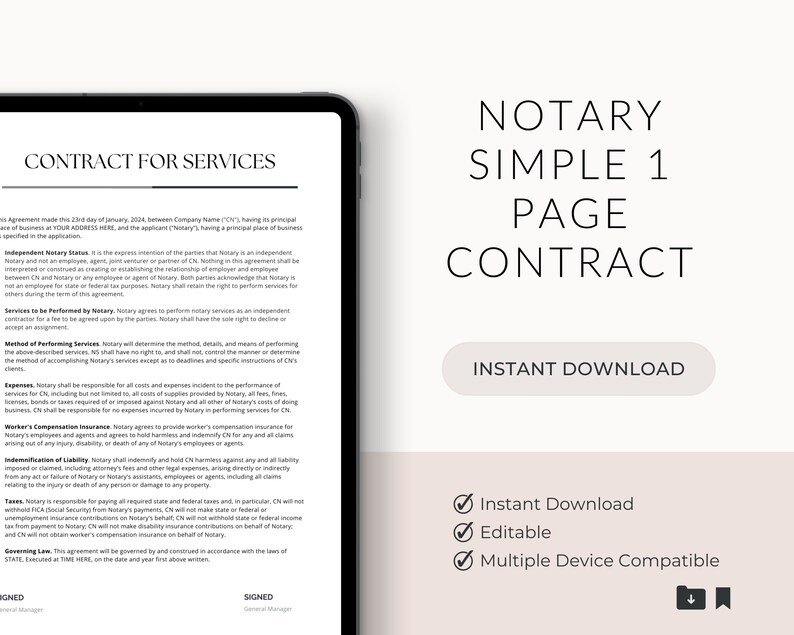 Simple Notary Contract Form, Notary Agreement, Contract for Services ...