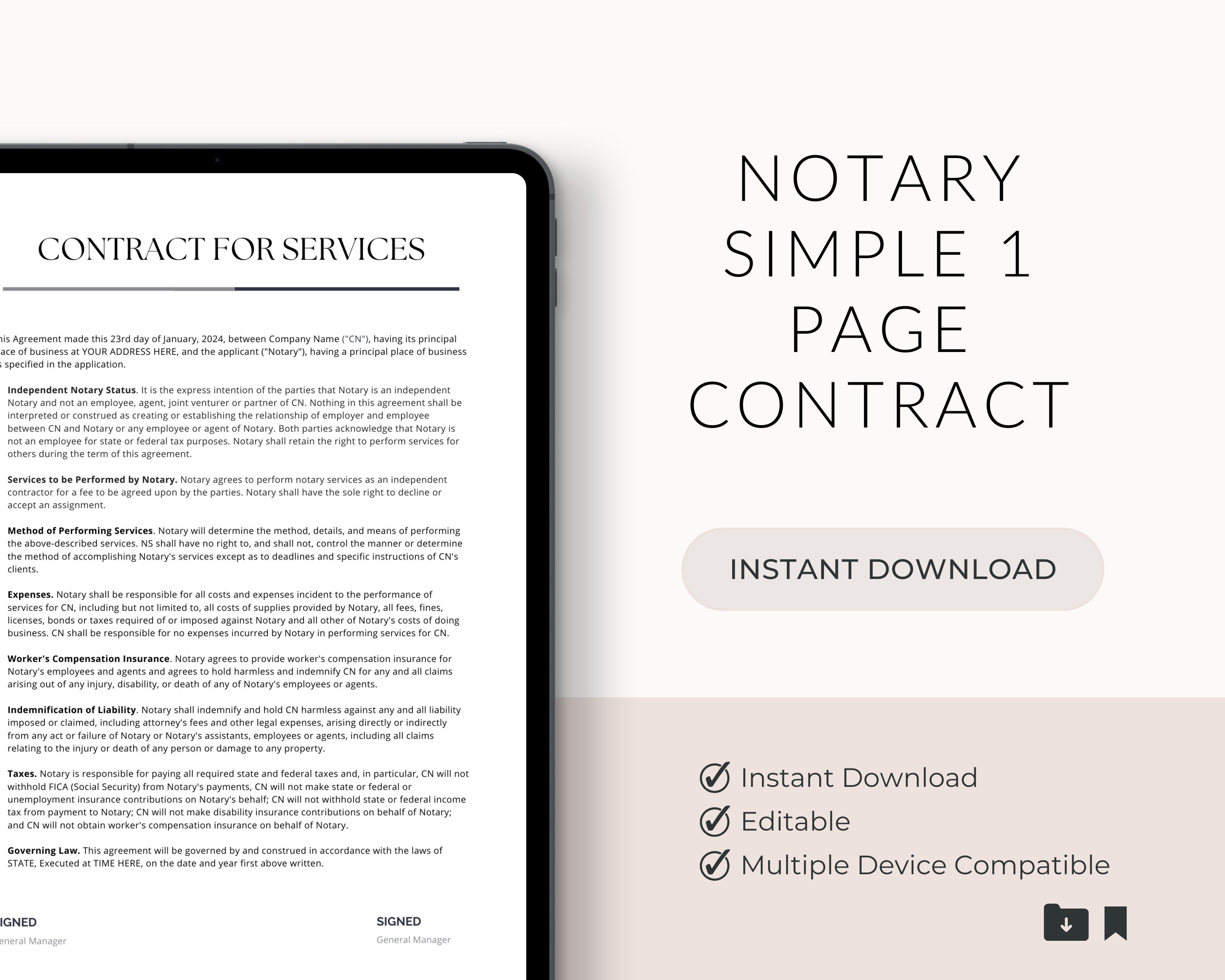 Simple Notary Contract Form, Notary Agreement, Contract for Services ...