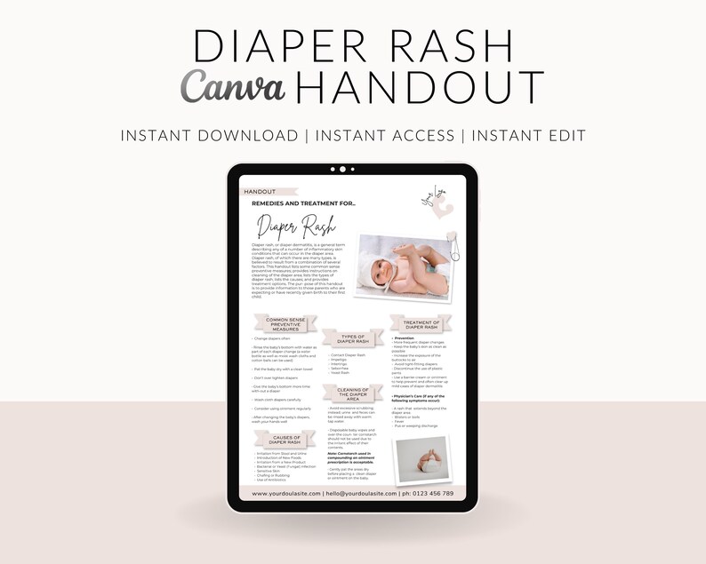 Diaper Rash Handout Template: Doula Newborn Baby Guide (edit in Canva ...
