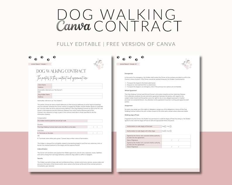 Dog Walking Contract, Dog Walker Contract, Pet Sitting Forms, Add Your ...