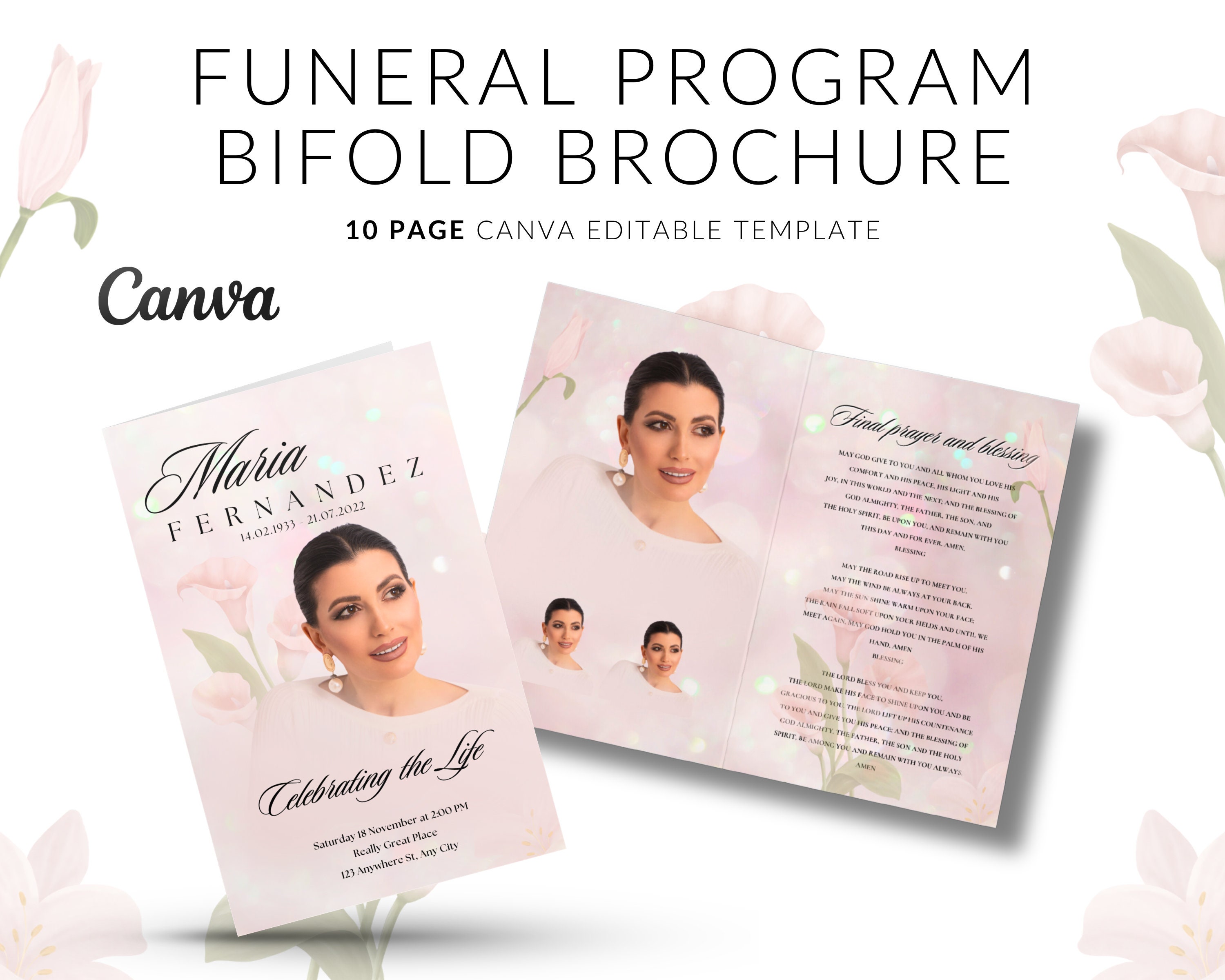 10 Page Funeral Memorial Booklet, Bi-fold Funeral Program, Obituary ...