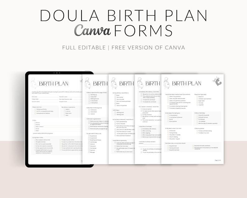 Editable Birth Plan Template: Doula Checklist, Canva Printable (digital ...