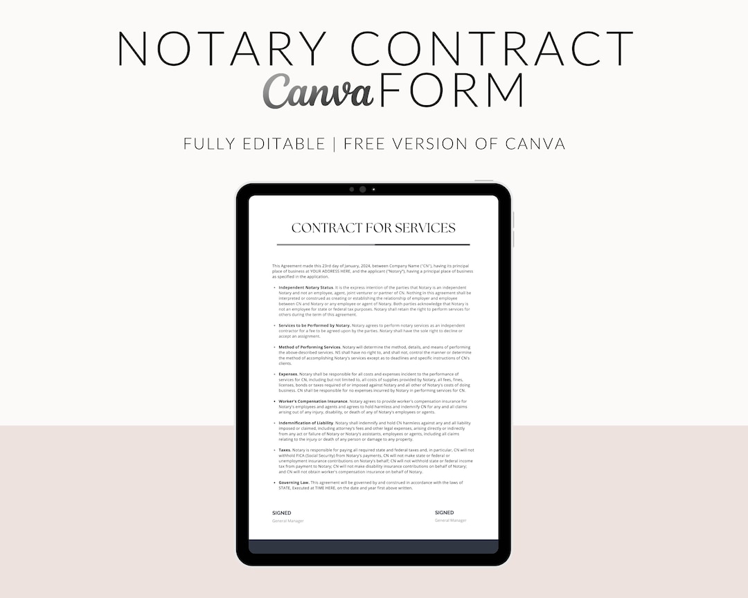 Simple Notary Contract Form, Notary Agreement, Contract for Services ...