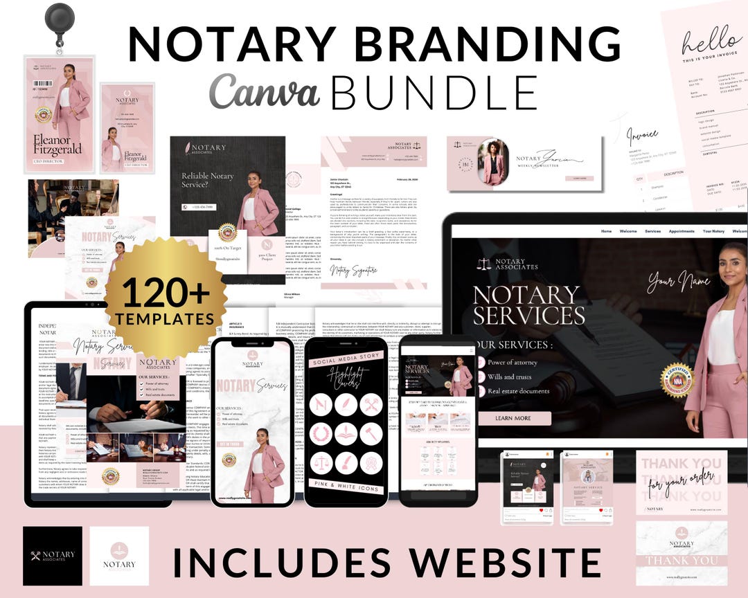 Notary Branding Bundle: Website & Marketing Templates, Blush Pink (edit ...
