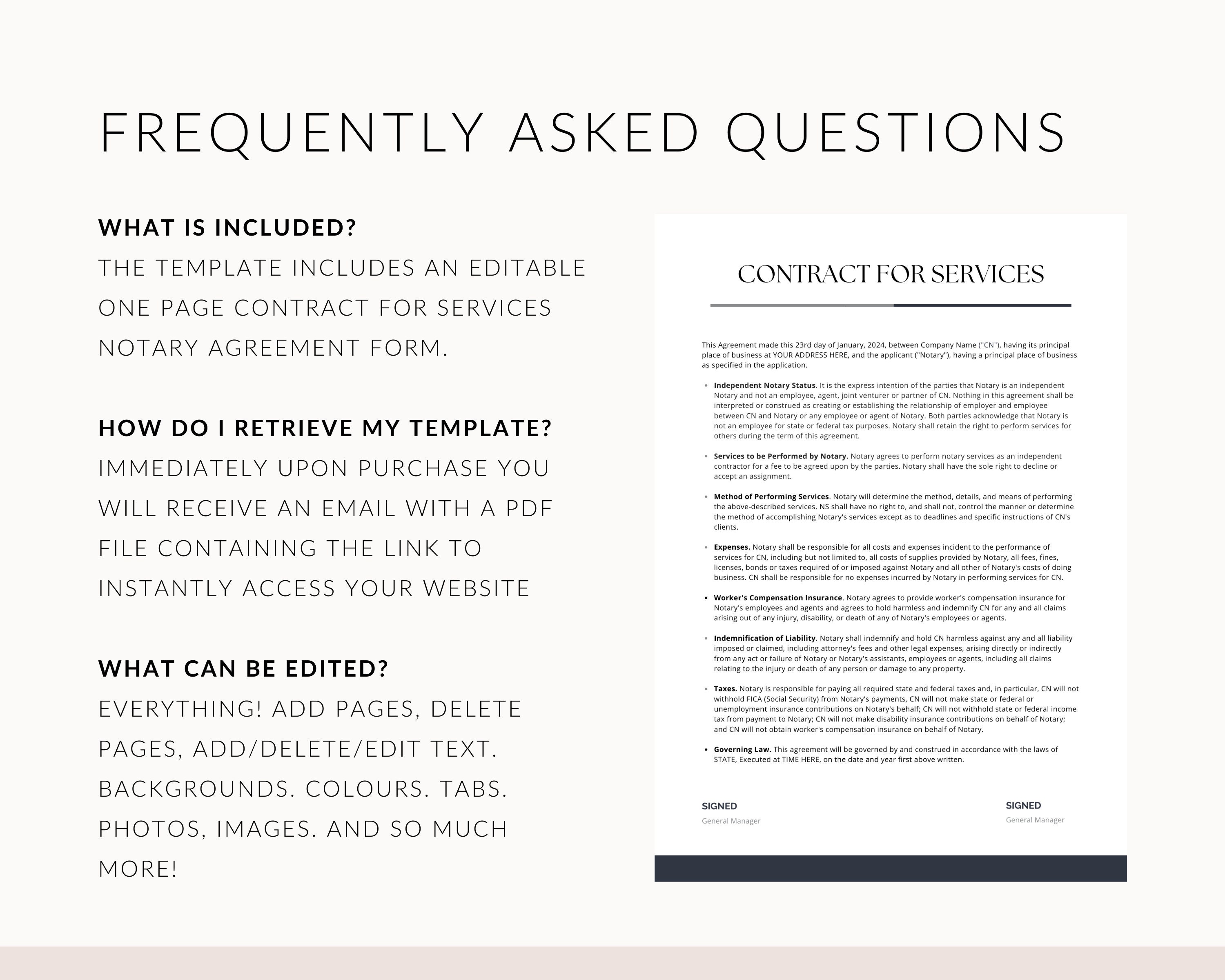 Simple Notary Contract Form, Notary Agreement, Contract for Services ...