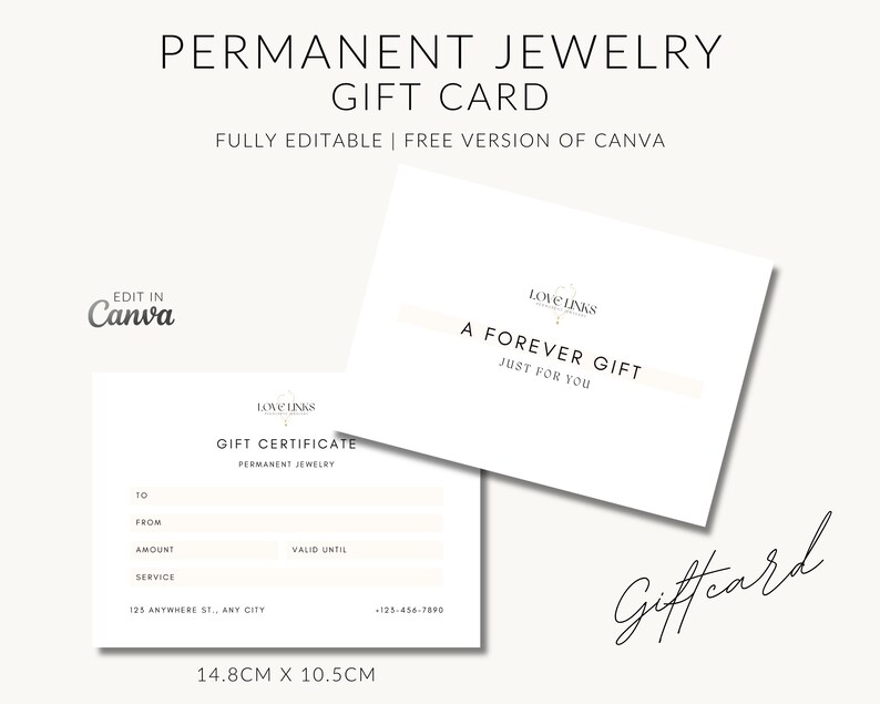 Permanent Jewelry Gift Card, Business Card, Permanent Jewellery, Edit ...