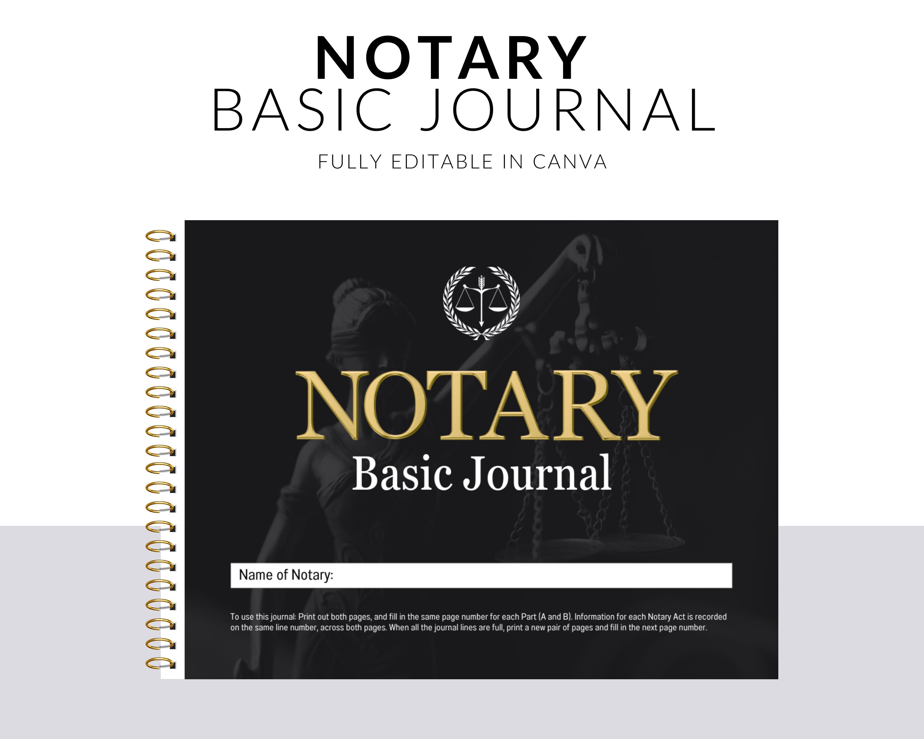 Notary Basic Journal, Notary Journal, Notary Business, Edit in Canva - Etsy
