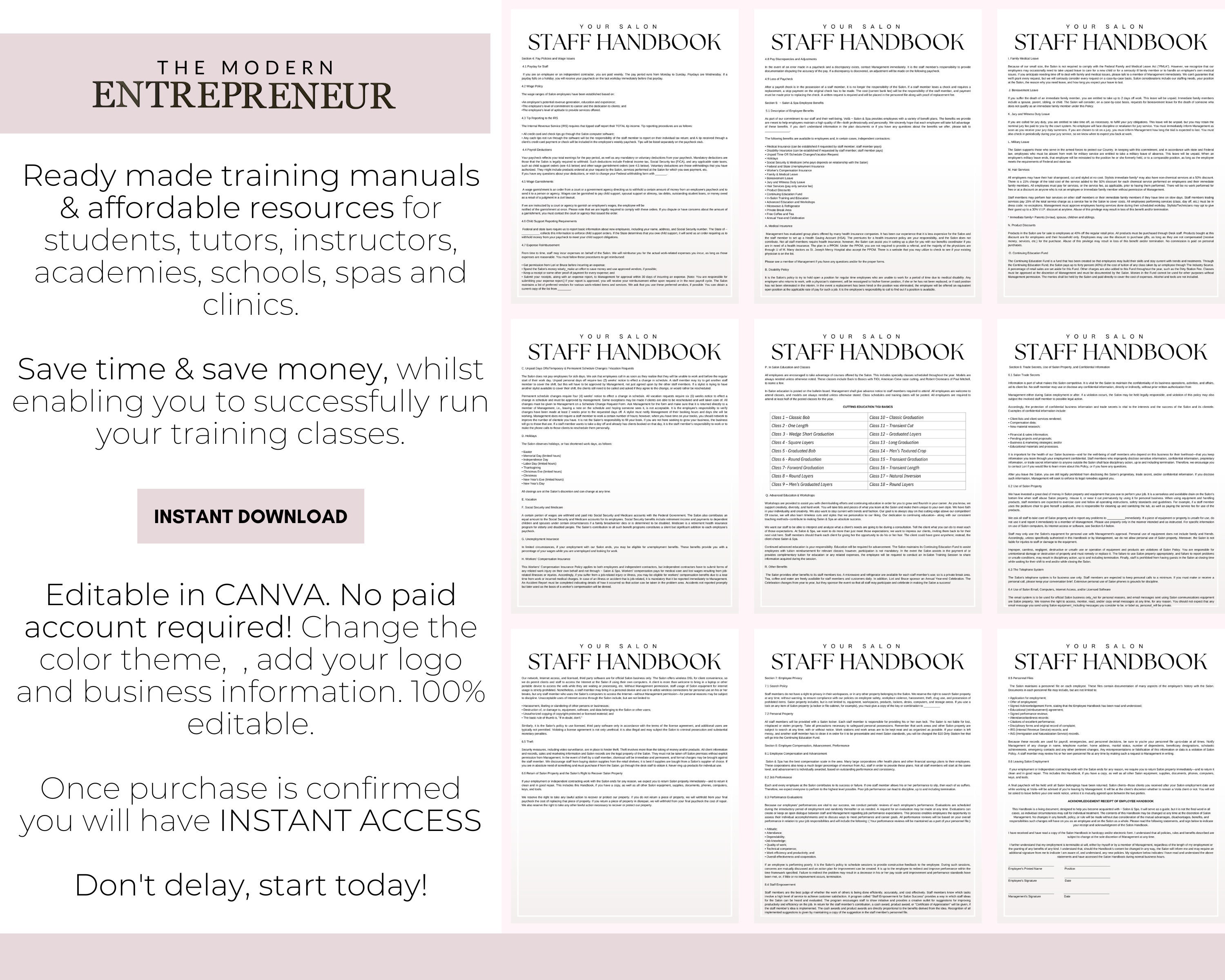 Salon & Spa Staff Handbook: Editable Employee Guide (canva) - Etsy