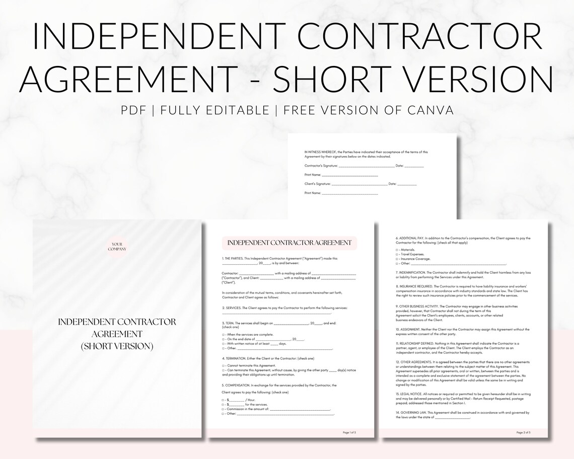 Independent Contractor Agreement, Short Version, Legal Document, 1099 ...