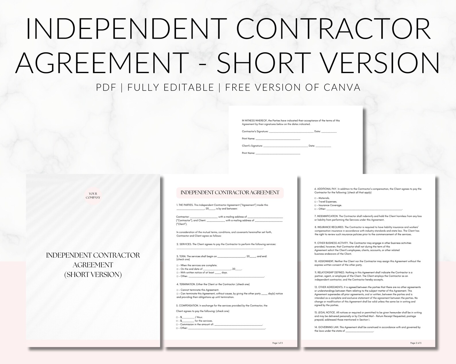 Independent Contractor Agreement, Short Version, Legal Document, 1099 ...