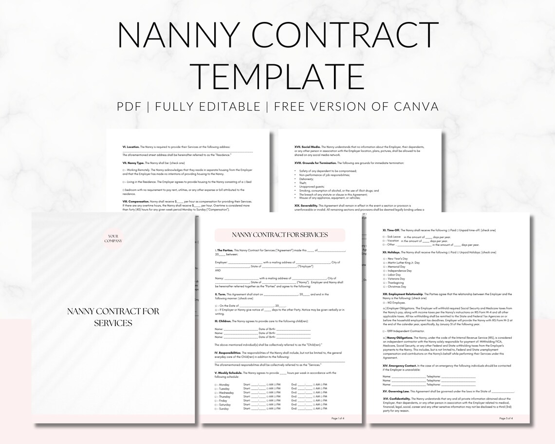 Nanny Contract Template, Contract Form for Nannies, Edit in Canva - Etsy