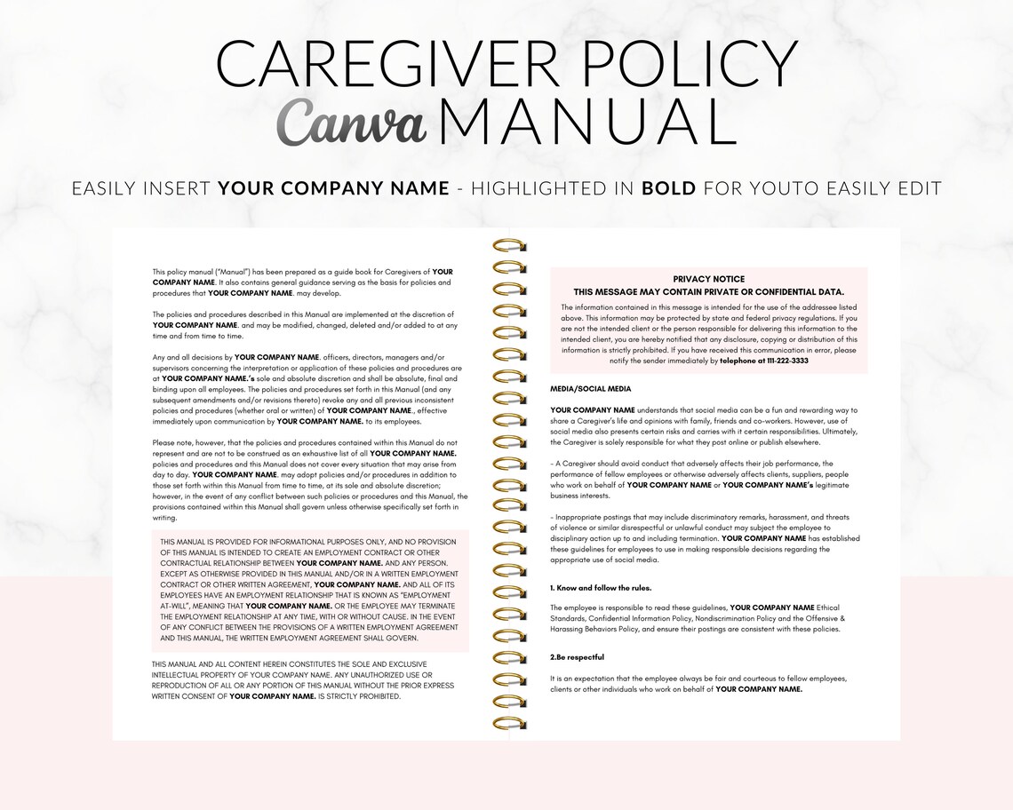 Caregiver Policy Manual, Employee Handbook, Care Business Policy ...