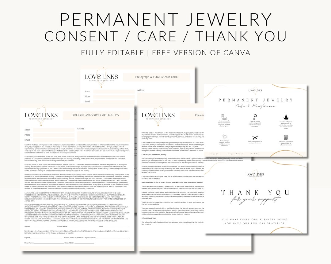 Permanent Jewelry Business Forms: Consent, Care, Thank You (canva ...