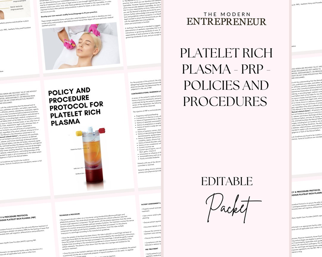 PRP Policies & Procedures Manual for Aesthetics, Platelet Rich Plasma Sops, Editable Canva ...