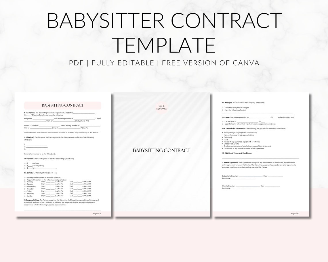 Babysitter Contract Template, Babysitting Contract Form, Edit in Canva ...